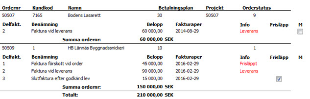 Frisläppning från Utskrift faktureringsplan